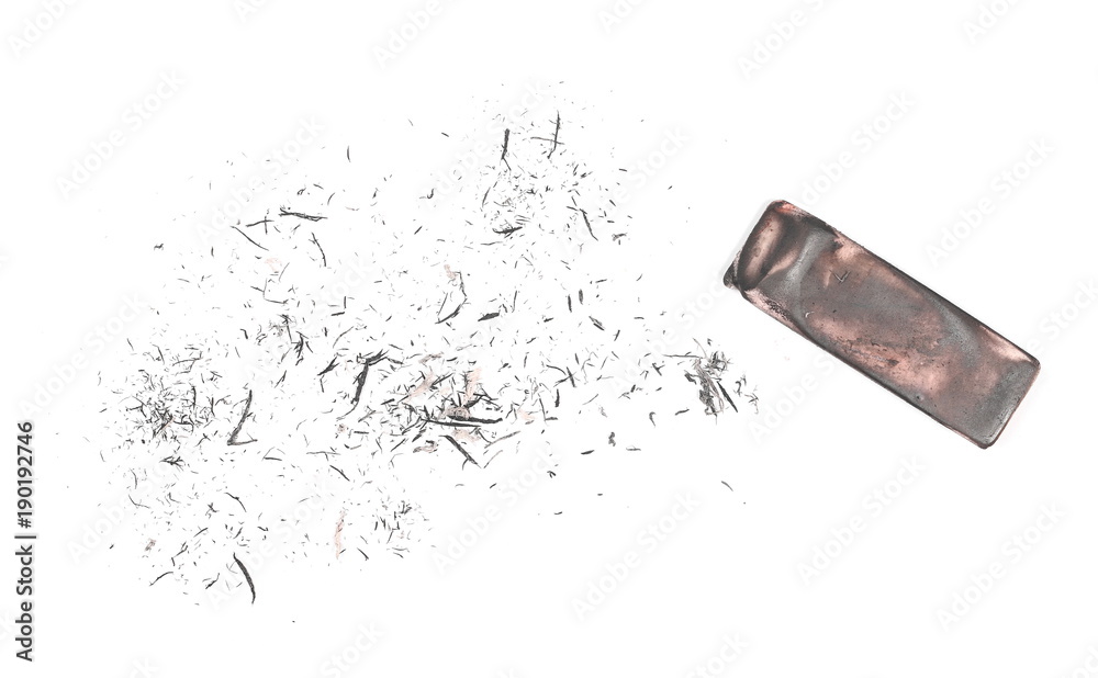 Graphite stained eraser with shavings isolated on white background, top ...