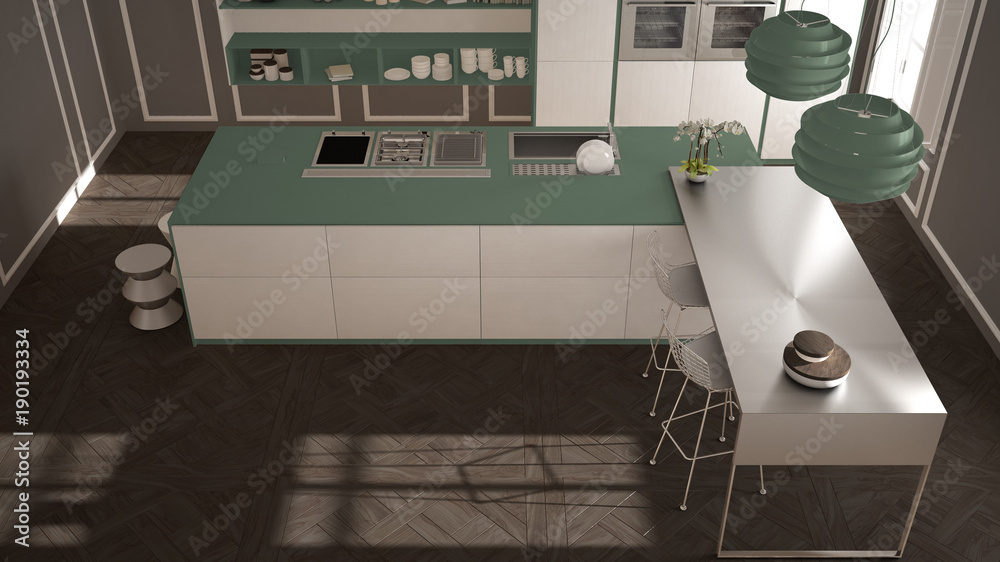 Modern kitchen in classic interior, island with stools and two big ...