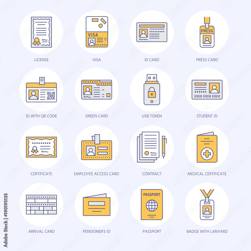 Documents, identity vector flat line icons. ID cards, passport, press ...
