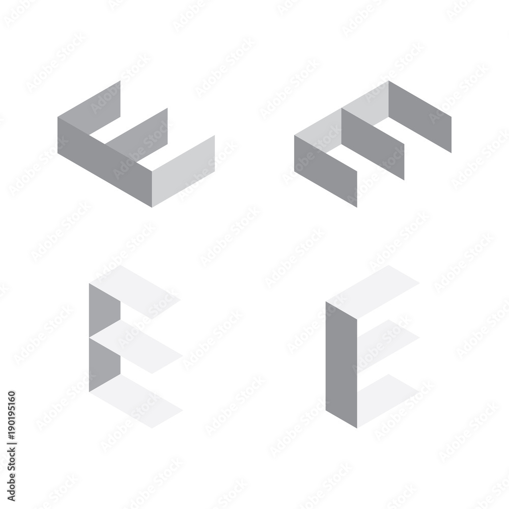 Vector isometric letters E in various foreshortening views. Edge ...