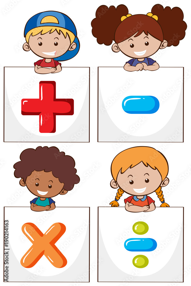 Four kids with different math signs Stock Vector | Adobe Stock