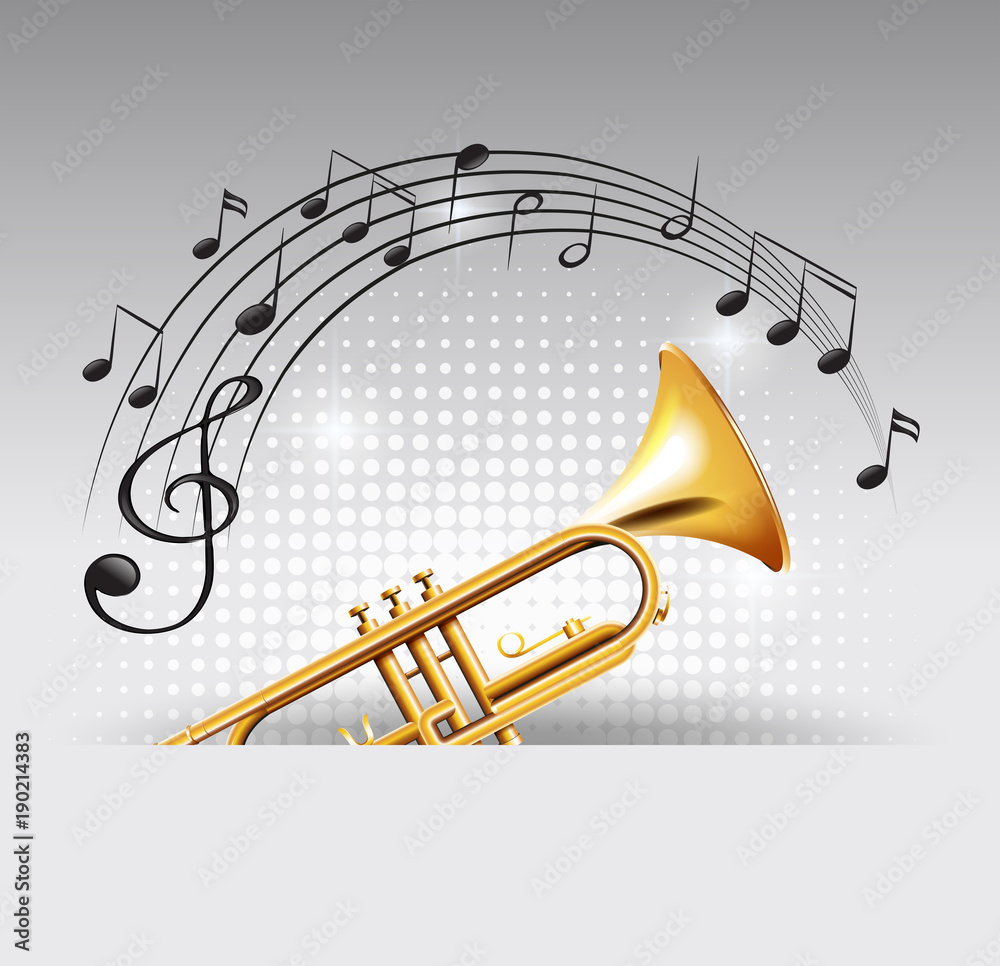 Golden trumpet with music notes in background Stock Vector | Adobe Stock