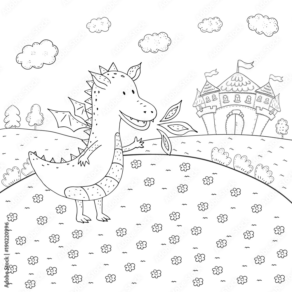 coloring book fairy tale dragon and magic castle design for kids. Stock ...