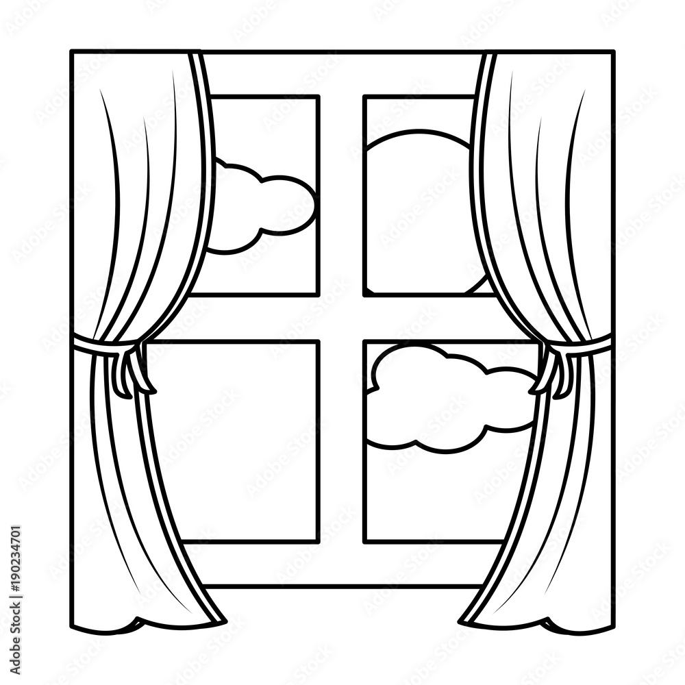 wooden window frame with curtains and sun clouds sky vector ...