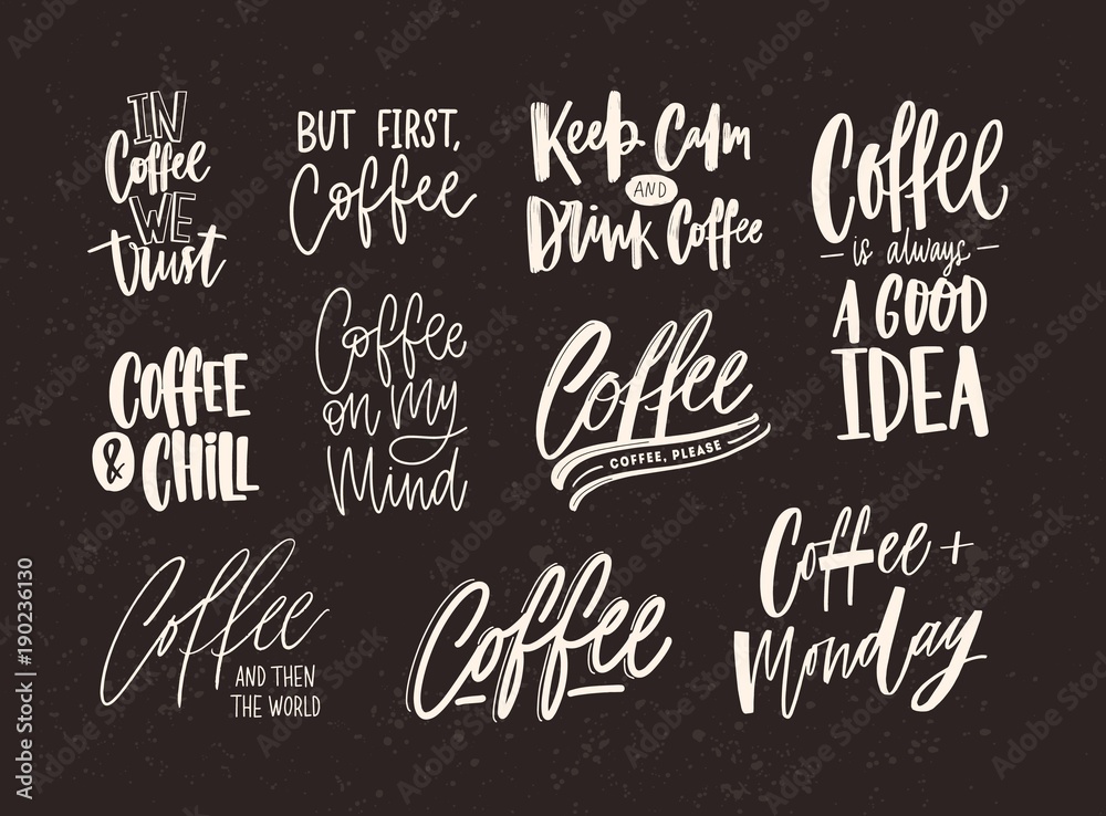 Collection of coffee lettering isolated on dark background. Set of ...