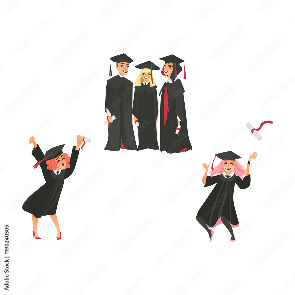 vector flat college, university happy graduate characters celebrating ...
