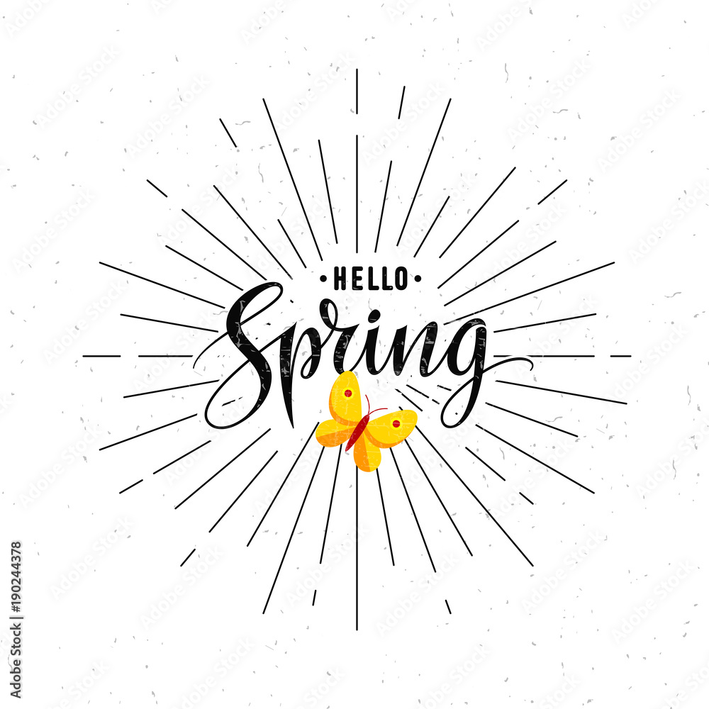 Vintage spring lettering typography with sun rays. Black and white ...