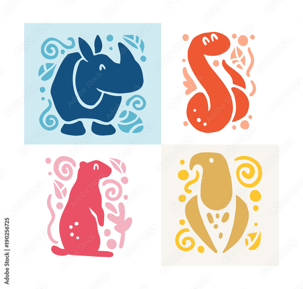 Vector flat cute funny hand drawn animal silhouette isolated on white ...