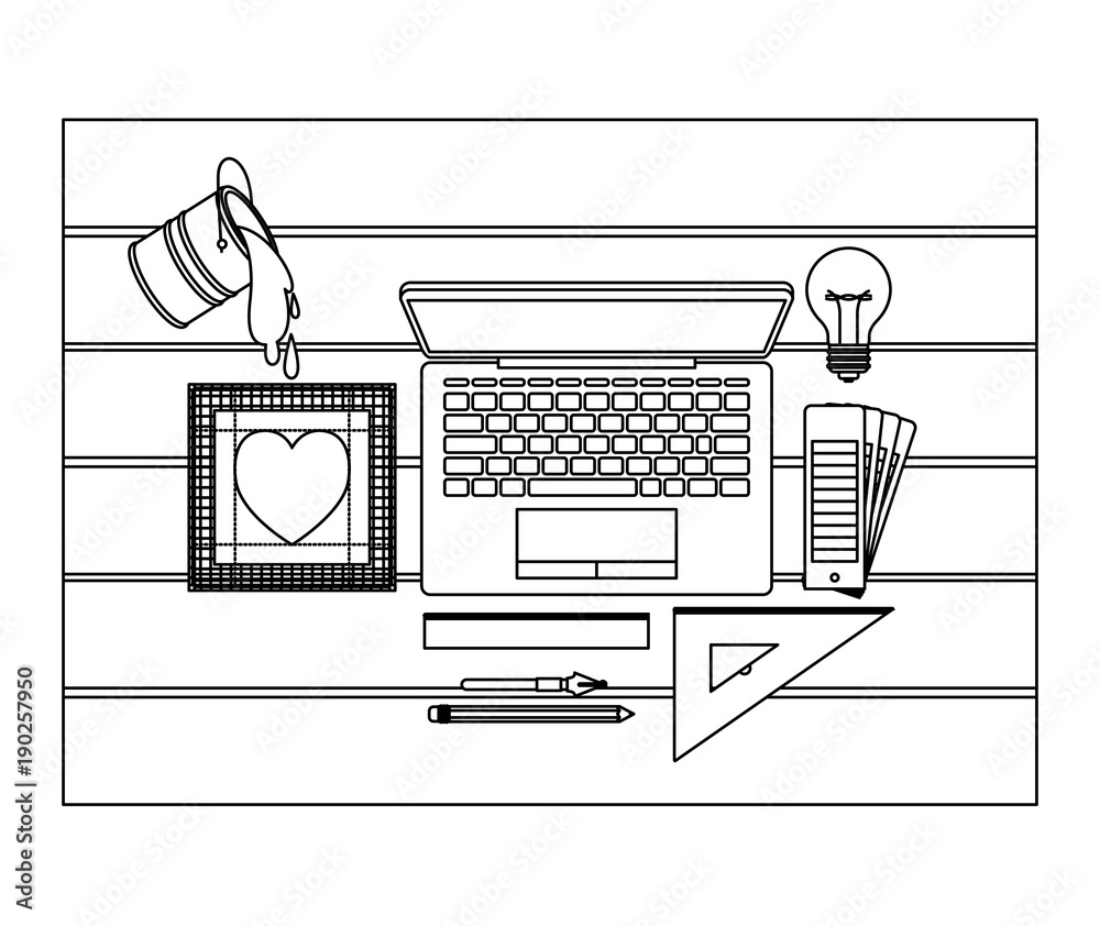 laptop computer and drawing tools over desk on top view in black ...