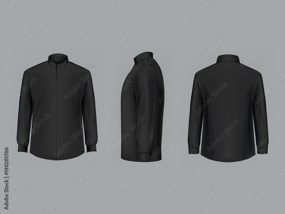 Vector realistic black male shirt with long sleeves and buttons, clean ...