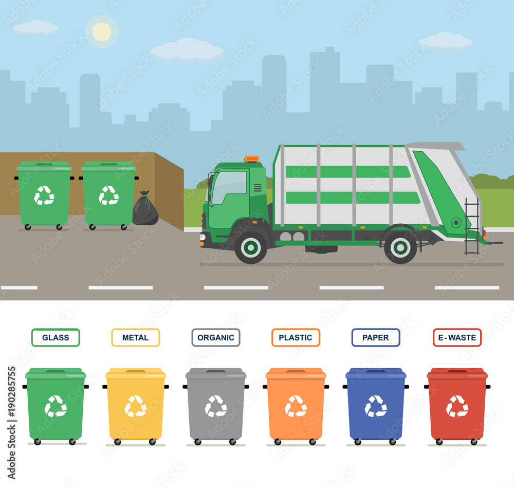 Garbage truck on the street in the town. Garbage cans isolated on white ...