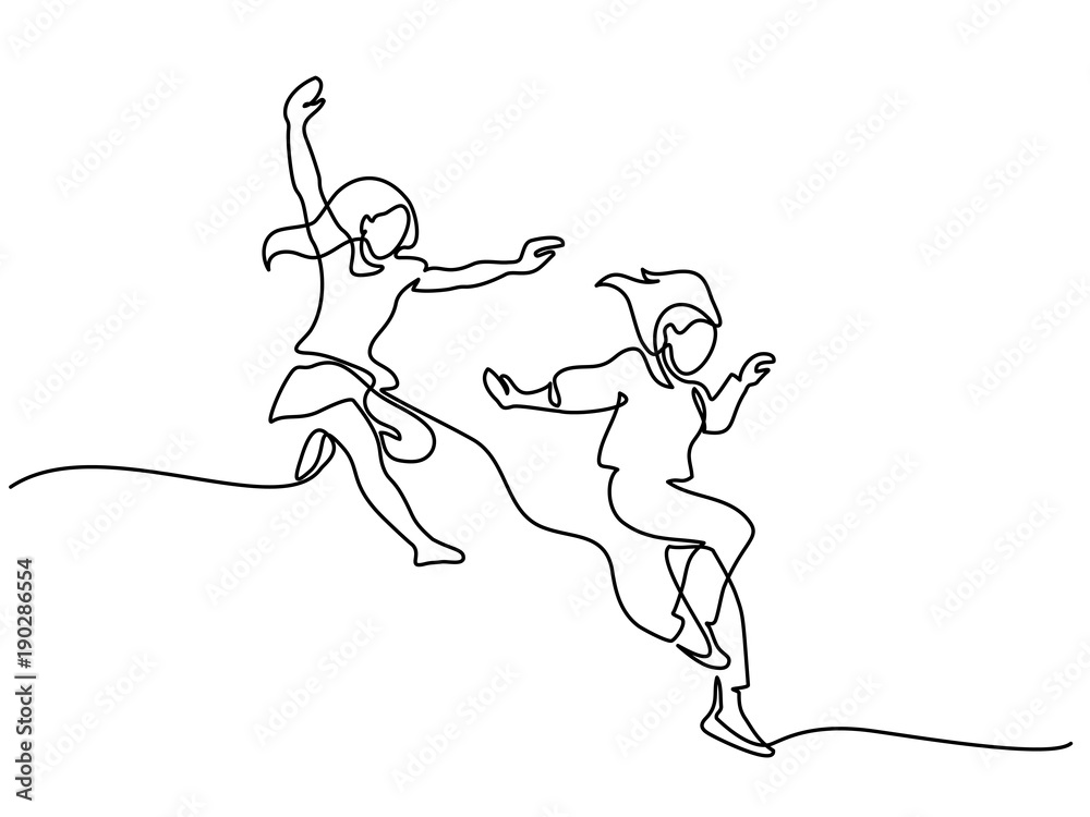 Happy jumping two girls. Continuous line drawing. Vector illustration ...