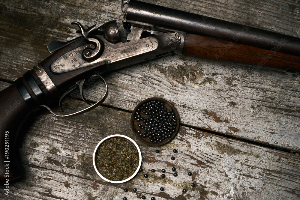 Shotgun rifle with gunpowder and many plumbeous fractions Stock Photo ...