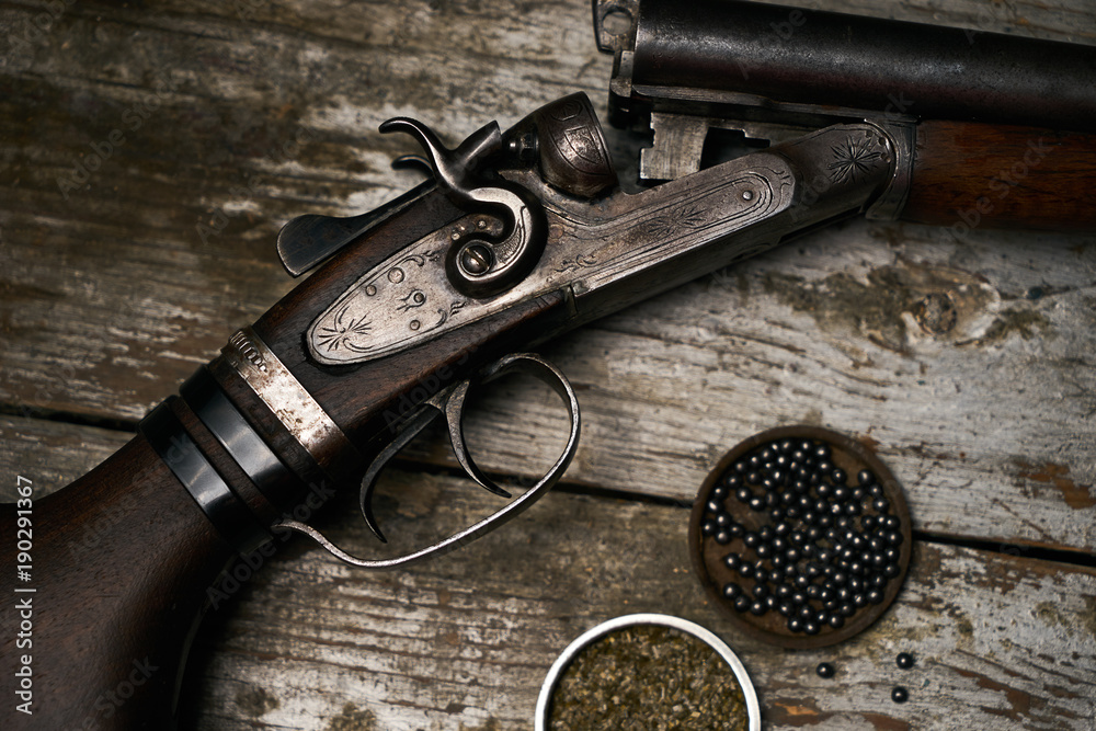 Shotgun rifle with gunpowder and many plumbeous fractions Stock Photo ...