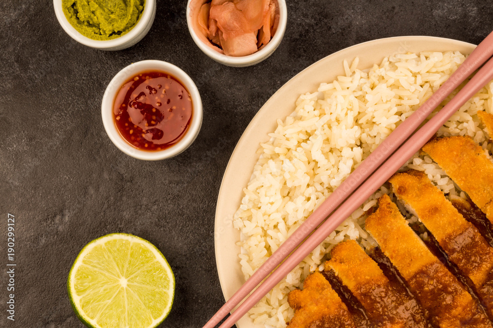 Japanese Style Breaded Chicken Katsu Curry With Boiled Sushi Rice Stock ...