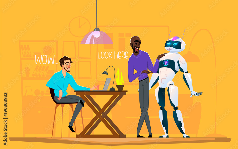 Business characters in different situation. Teamwork with robot. Men ...