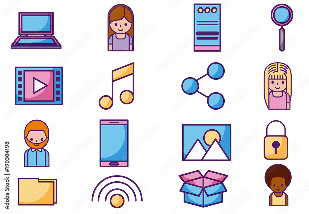 Colorful Digital Technology Icons Set Web and Media Symbols Stock ...
