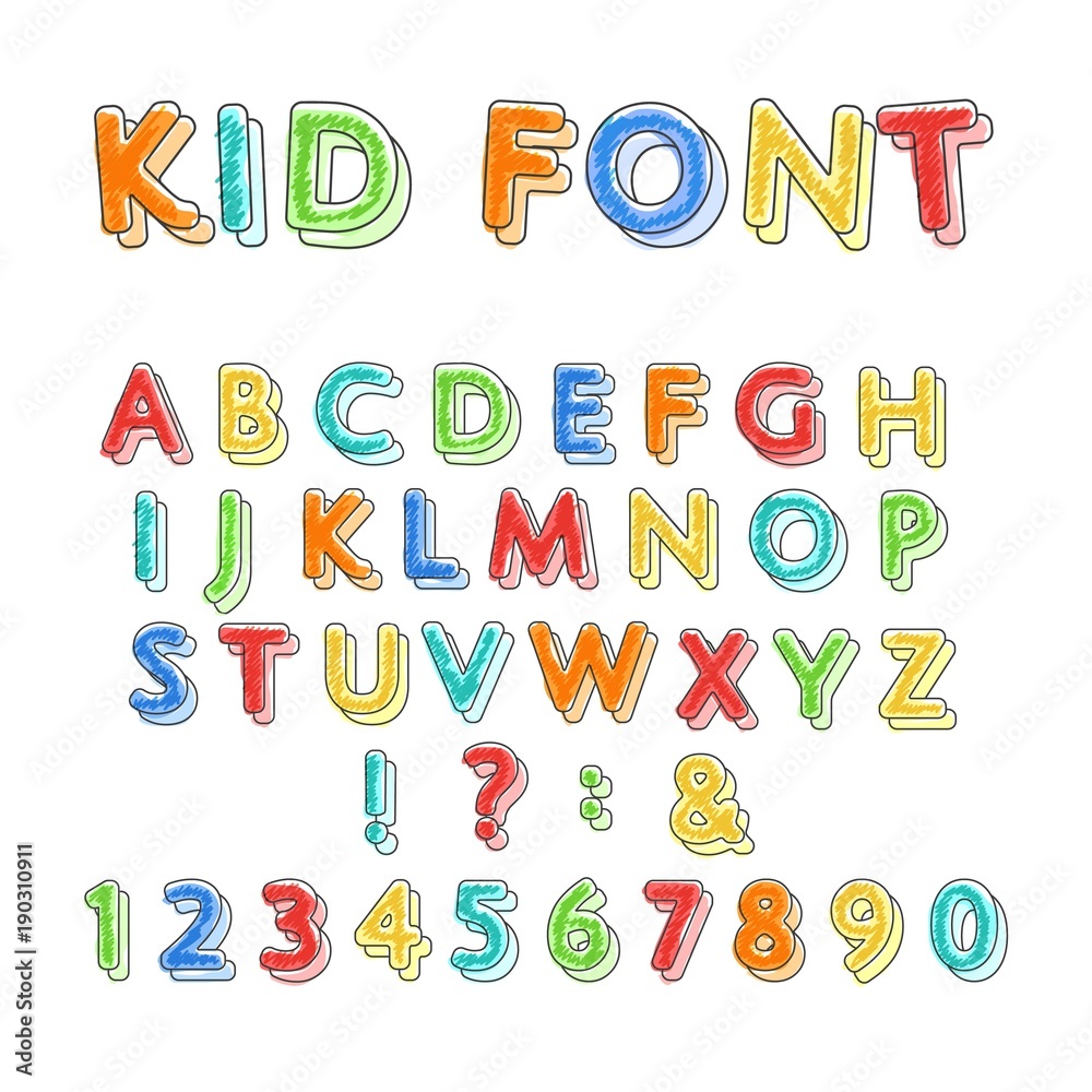 Colorful doodle alphabet. Kids handwritten doodles font or childlike ...