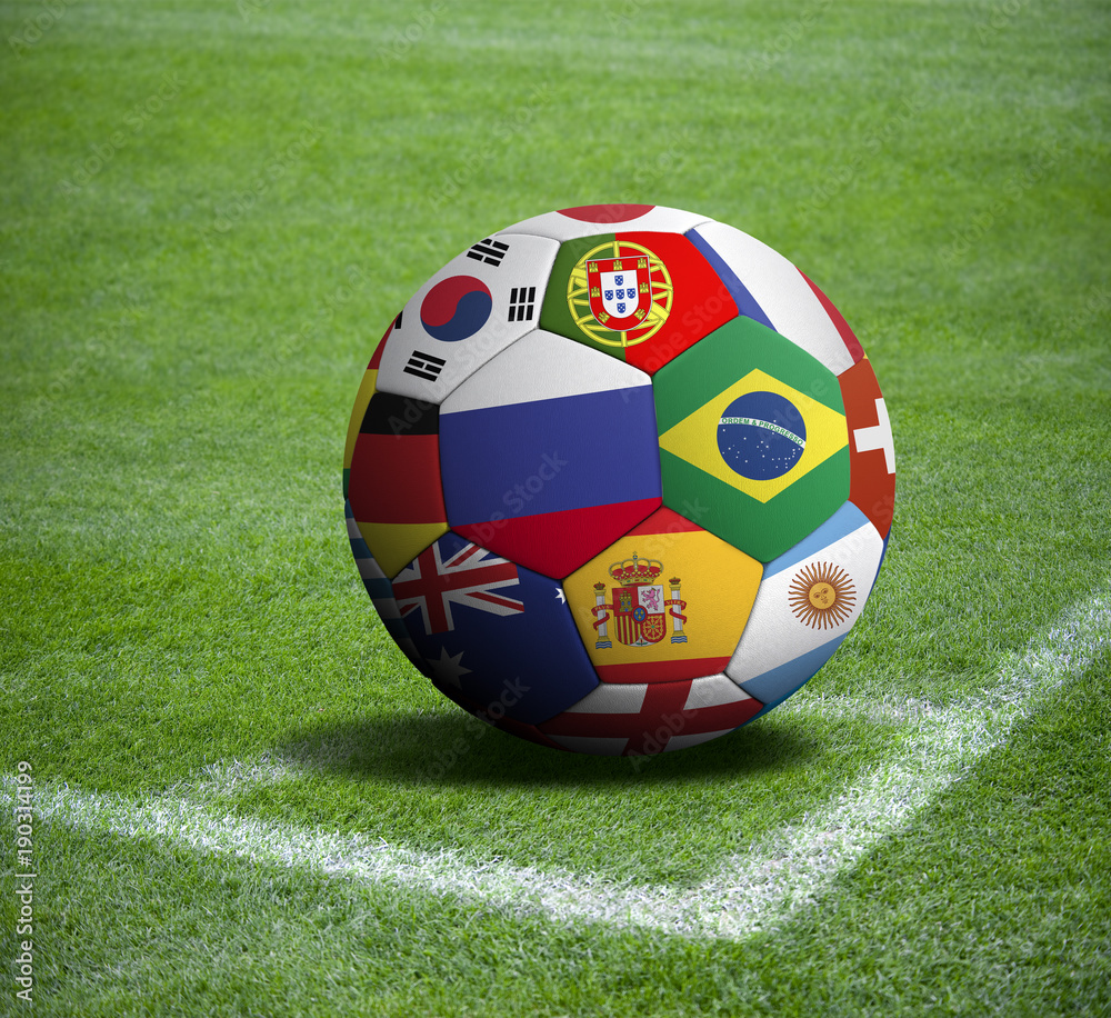 Soccer ball with world countries flags white stadium Stock Photo ...