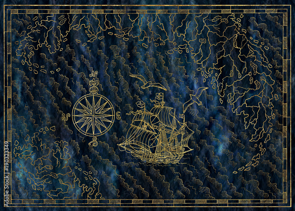 Old nautical map with pirate ship, compass and treasure island on blue ...