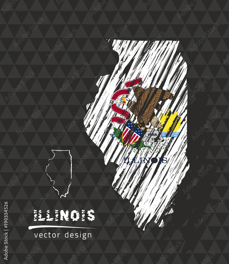 Illinois map with flag inside on the black background. Chalk sketch ...