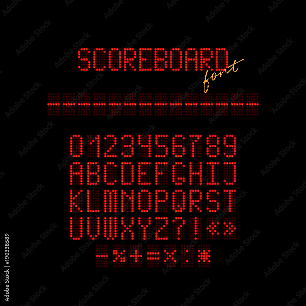 Red led scoreboard font. Vector realistic letters and numbers made of ...