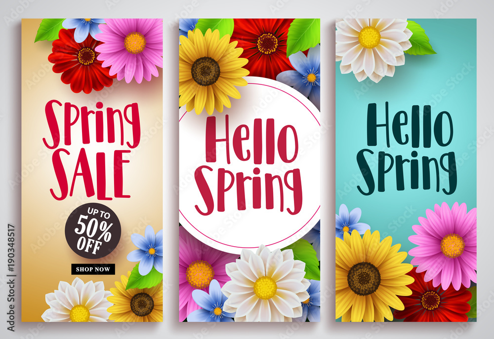 Spring sale and hello spring vector poster set designs with colorful ...