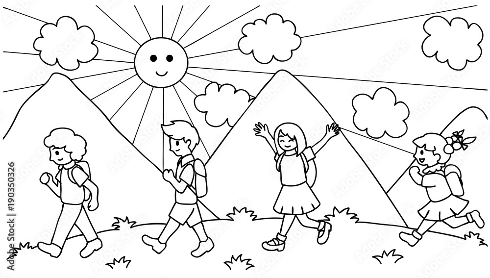 Children Walking Coloring Page