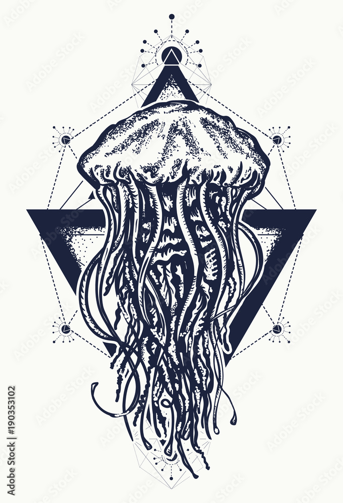 Jellyfish tattoo geometric style. Mystical symbol of adventure, dreams ...