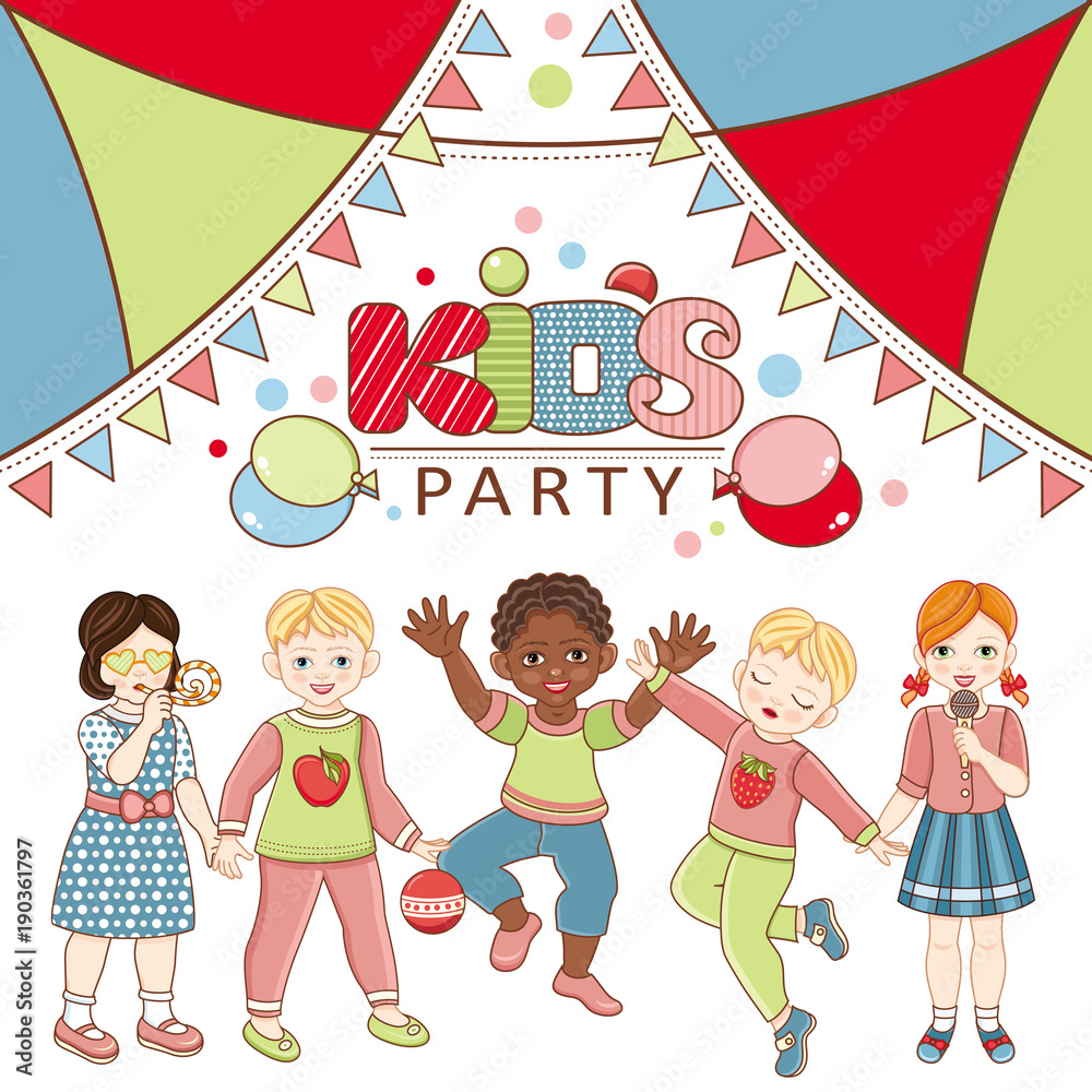 Vector flat multinational kids party poster. african black, caucasian ...