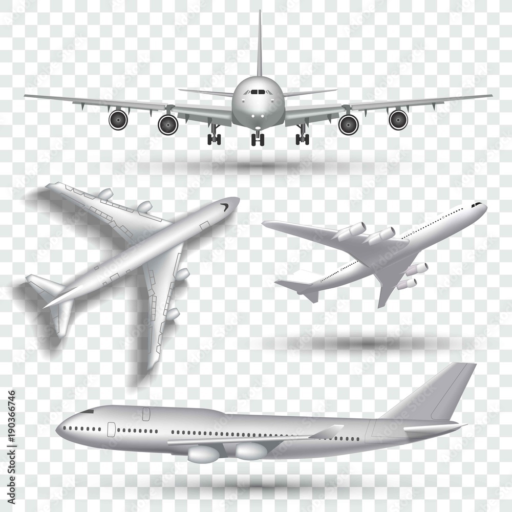 Aircraft, airplane, airliner in different point of view vector. Set of ...