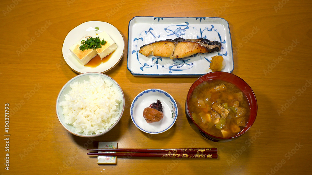 Japanese food : Standard popular set meal. Rice, Miso soup, Umeboshi ...