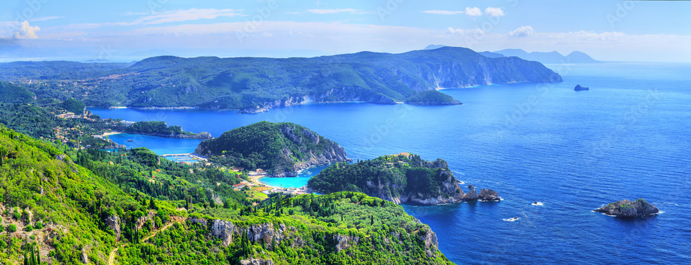 Beautiful summer panoramic seascape. View of the coastline into the sea ...