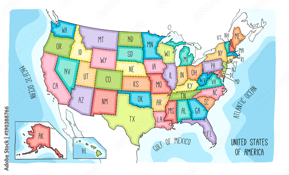 Vector map of the United States of America. Colorful sketch ...