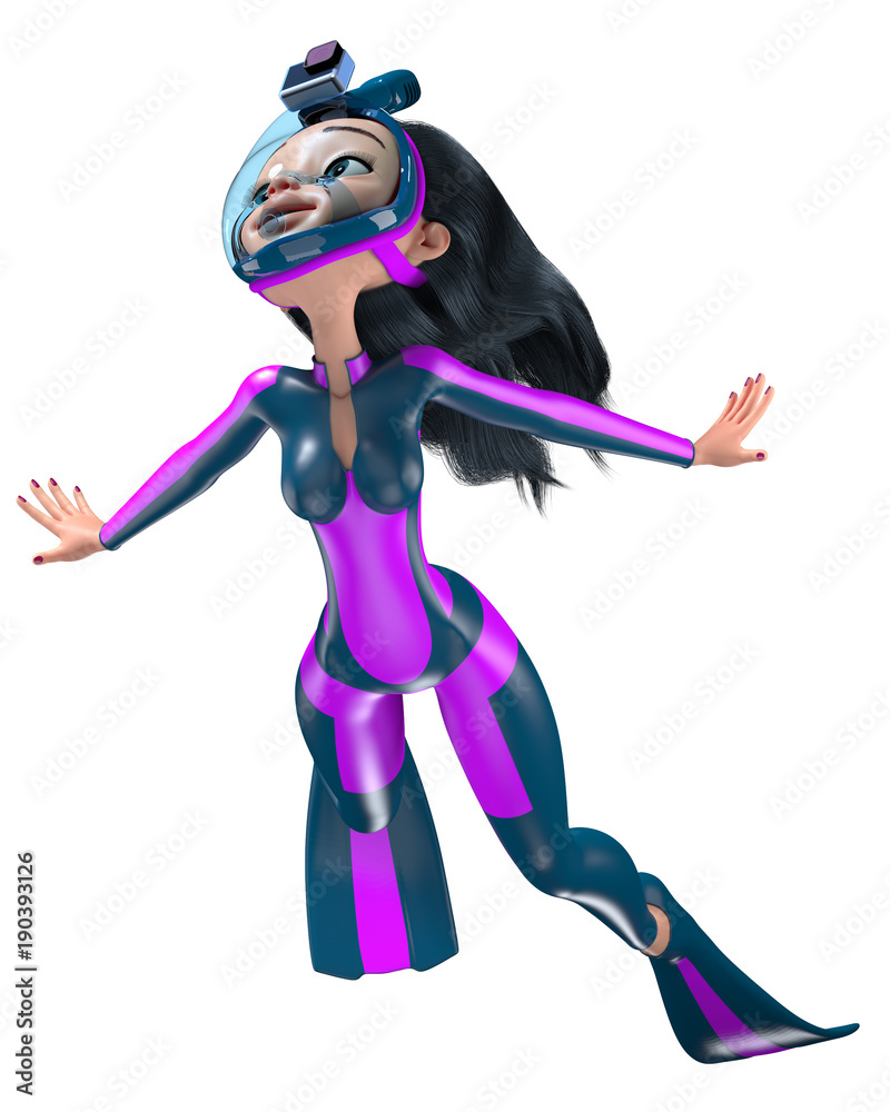 Snorkeling/ A girl with long hair in a blue-purple diving suit is ...