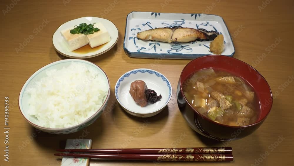 Japanese food : Standard popular set meal. Rice, Miso soup, Umeboshi ...