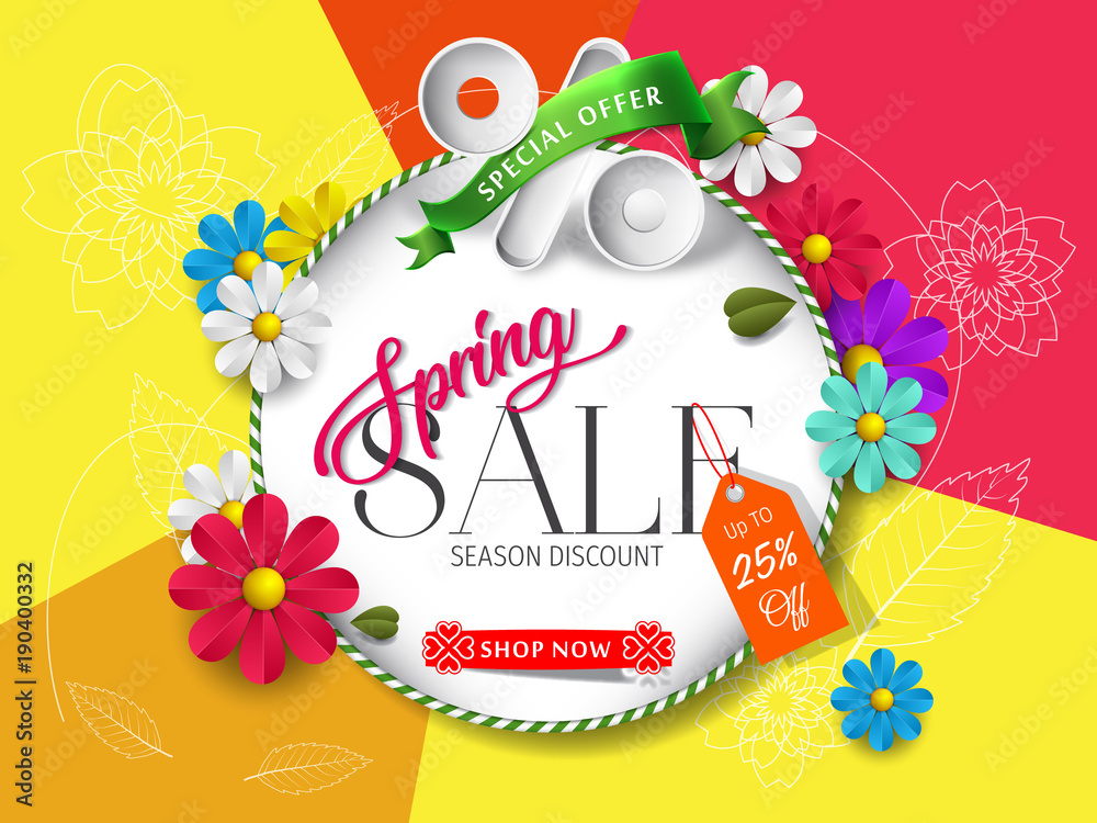 Spring sale up to 25% off background with beautiful colorful flower ...