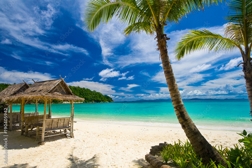 Paradise-like scenery on the magnificent beach of Siam Bay with palm ...