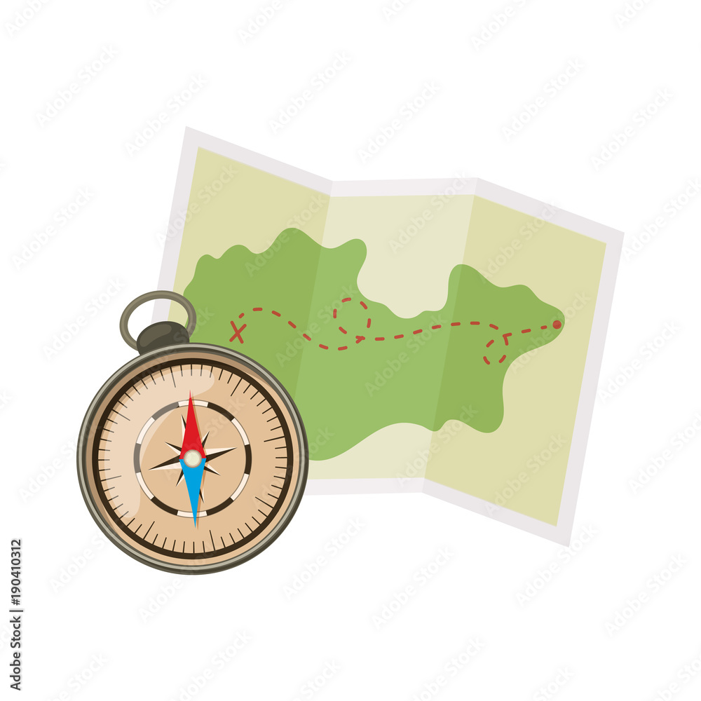 Map and compass for camping tourism, cartoon illustration of travel ...