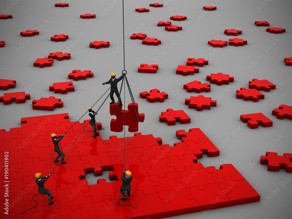Company teamwork to manage a project of red jigsaw puzzle as 3d render ...