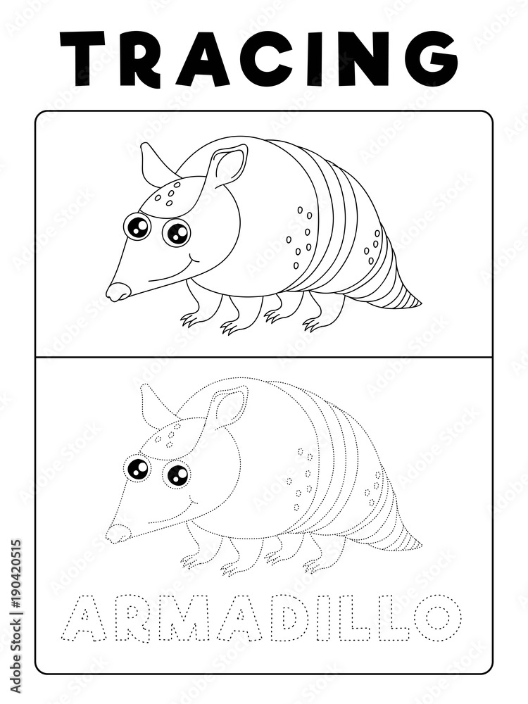 Funny Armadillo Animal Tracing Book with Example. Preschool worksheet for practicing fine motor ...
