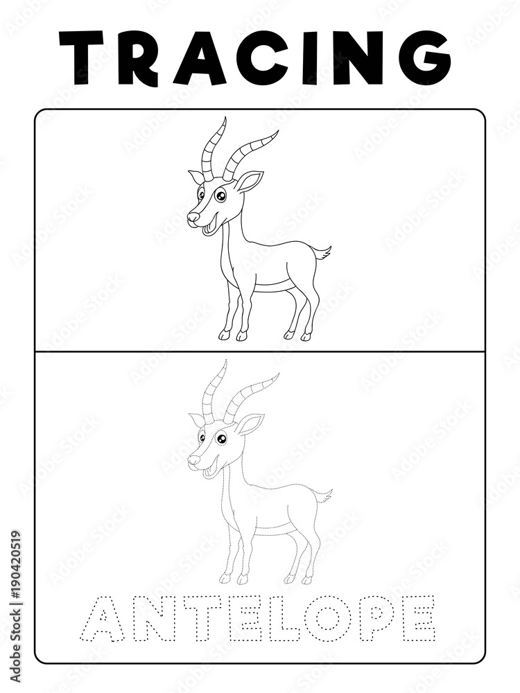 Funny Antelope Deer Animal Tracing Book with Example. Preschool worksheet for practicing fine ...