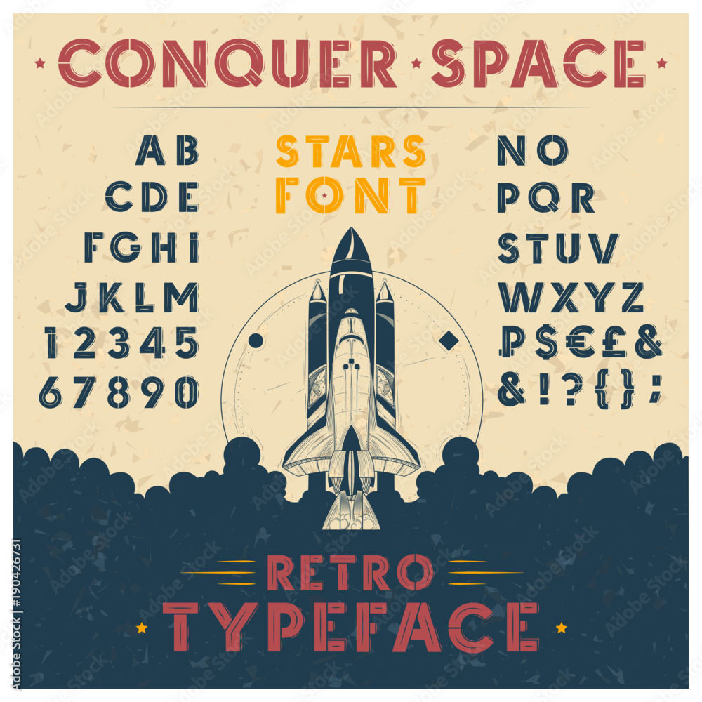 Vetor de Vintage vector poster with rocket launch and with retro font ...