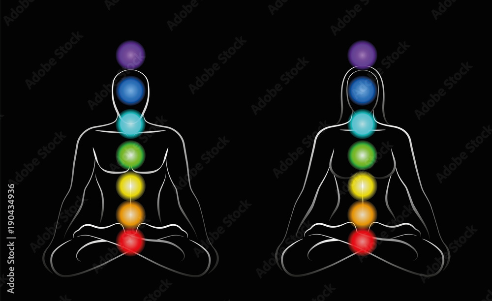 Main chakras - meditation couple with colored chakras - outline ...