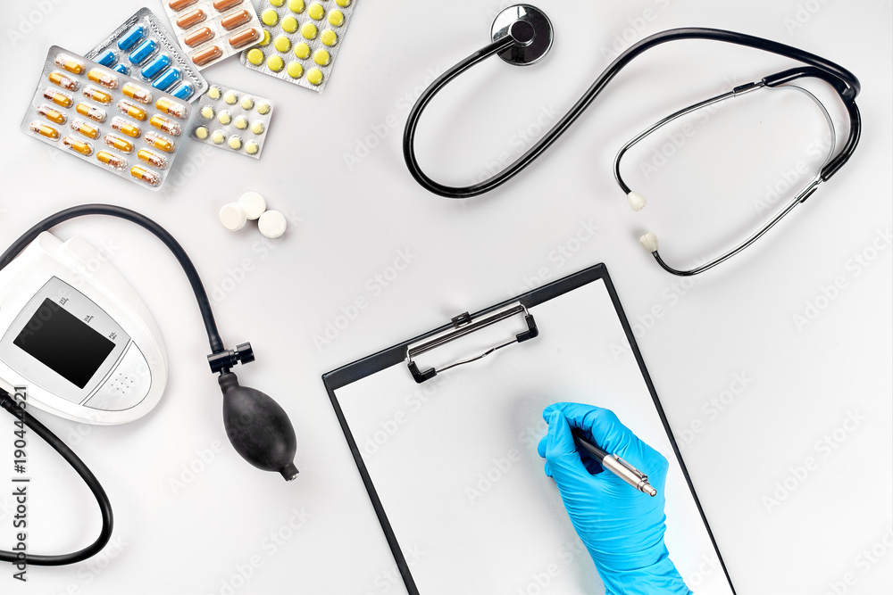 Doctor s table, tools, medical instruments, therapist tonometer, blood ...