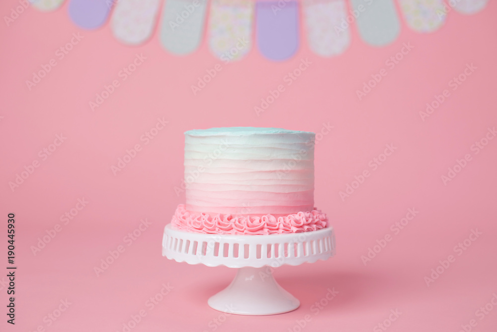 Girly Pink and Blue Birthday Cake on a Stand Stock Photo | Adobe Stock