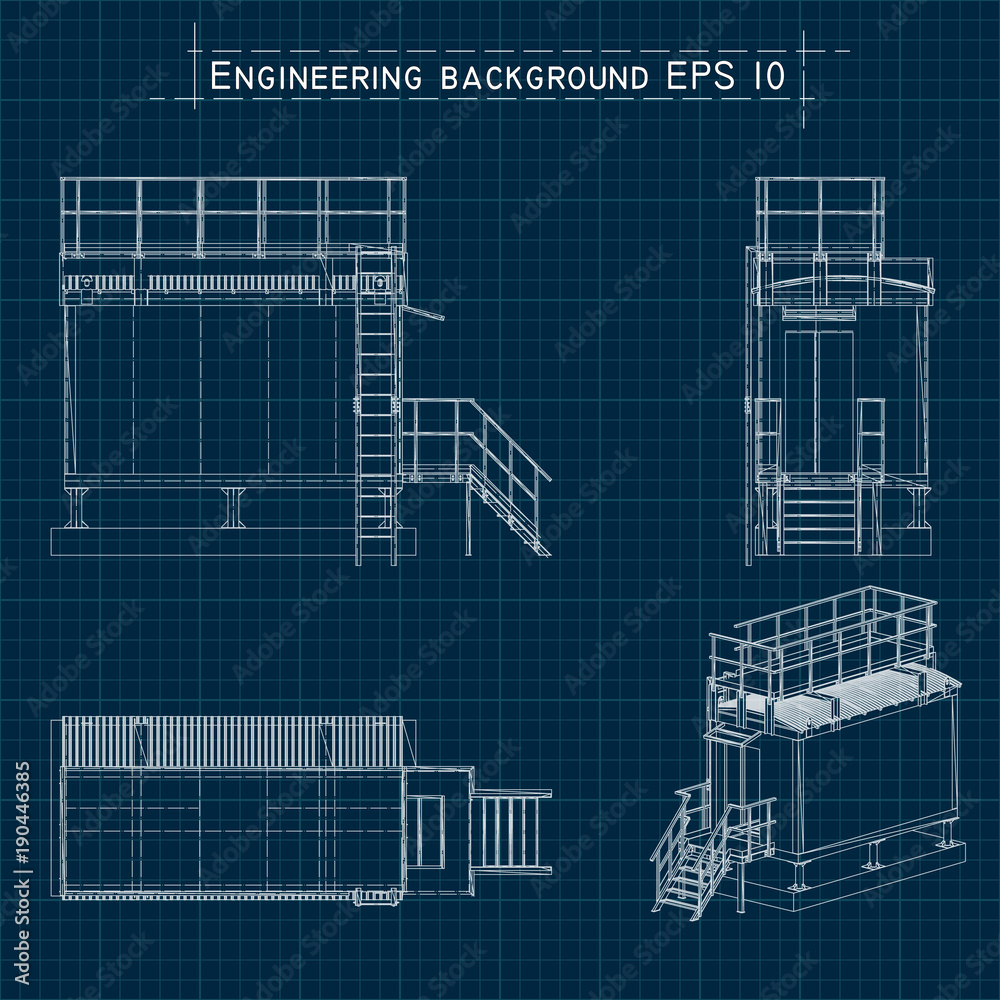 Blueprint engineering background. Building floor plan, axonometric view ...