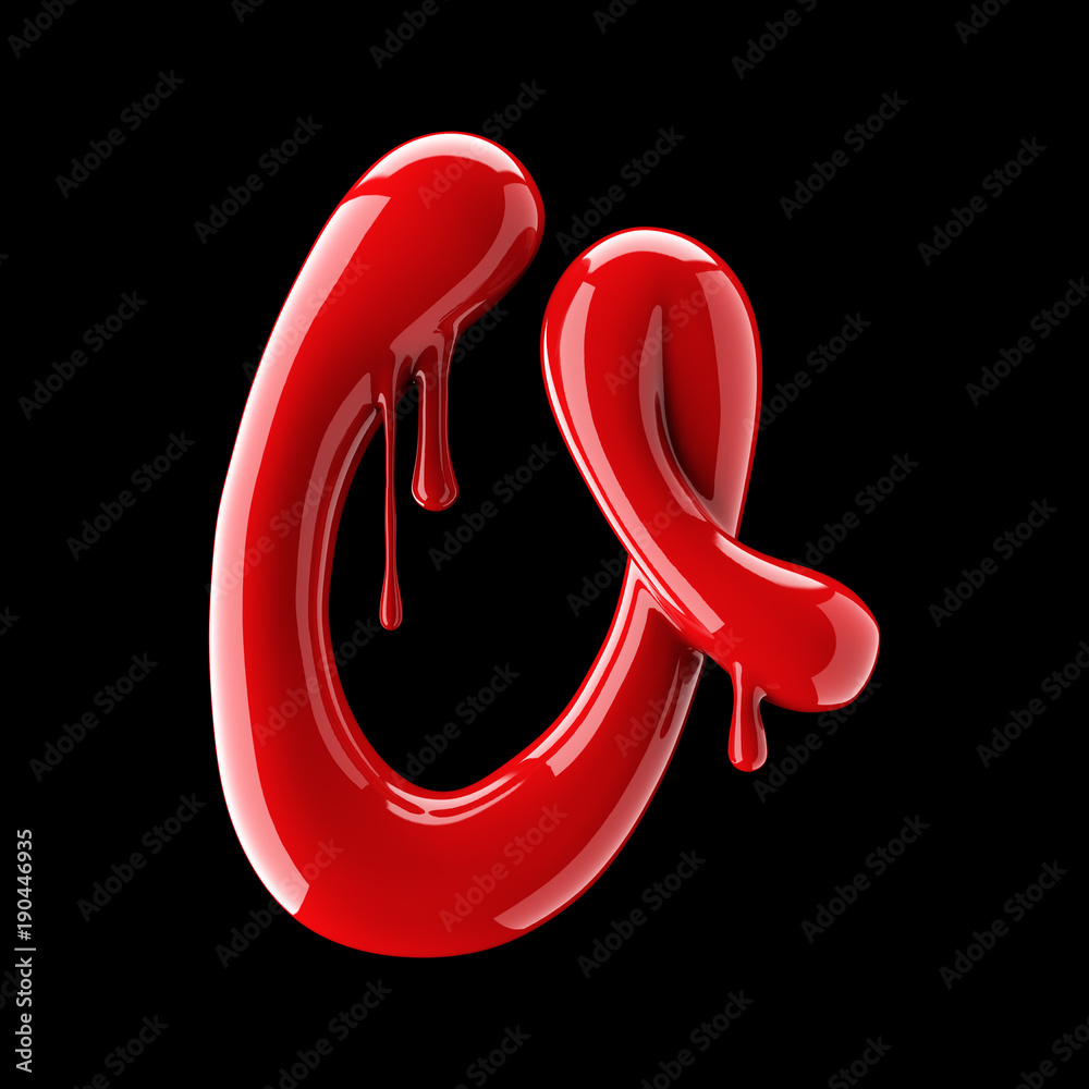 Leaky red alphabet on black background. Handwritten cursive letter O ...