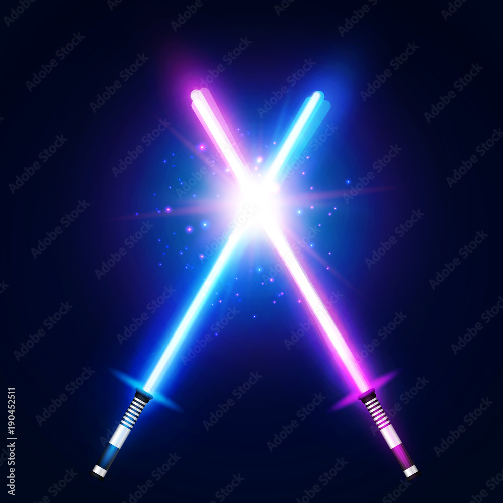 Two crossed light neon swords fight. Blue and purple crossing laser ...