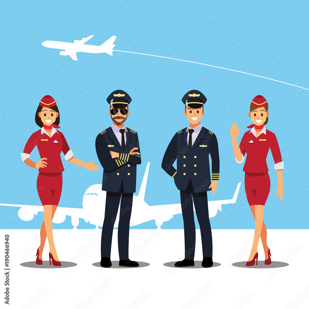 Pilot, capitan , flying attendants ,air hostess , Vector illustration ...